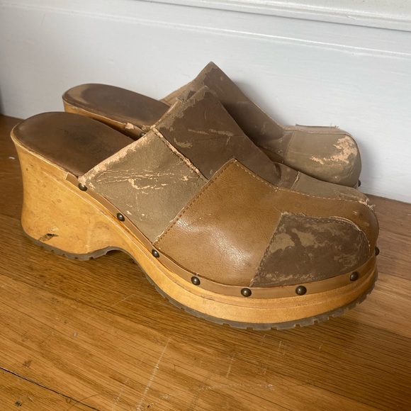 Shoes | Vintage 9s Faux Suede Patchwork Wooden Platform Slipon Mule ...